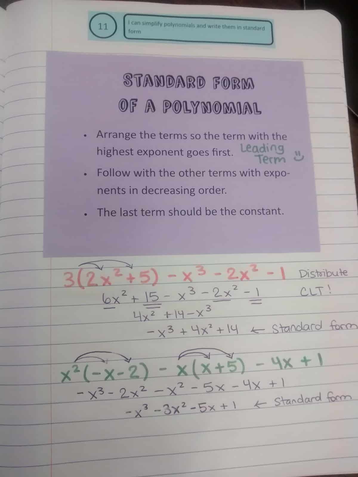 Standard Form Of A Polynomial Interactive Notebook Page Math Love