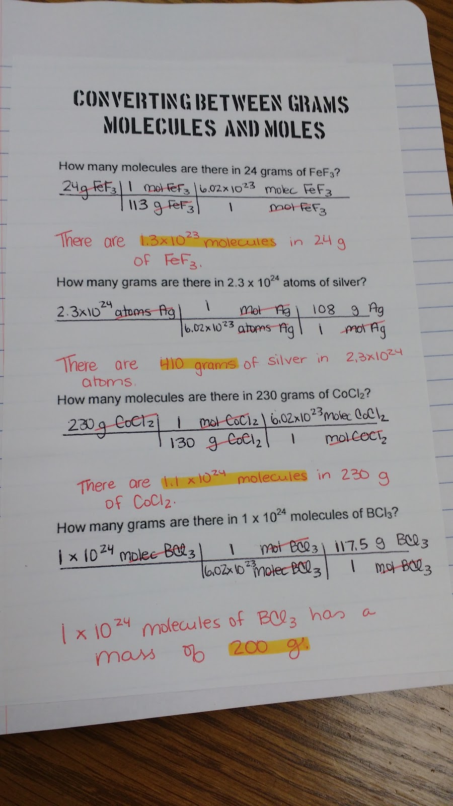 Stoichiometry Practice Converting Between Grams Moles And Molecules