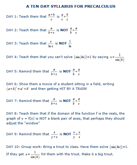 A Humorous Ten Day Syllabus For Pre Calculus Math Love