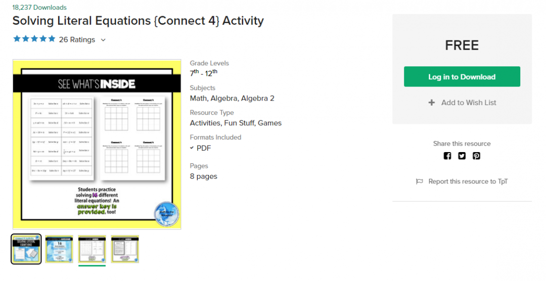Literal Equations Connect 4 Activity | Math = Love