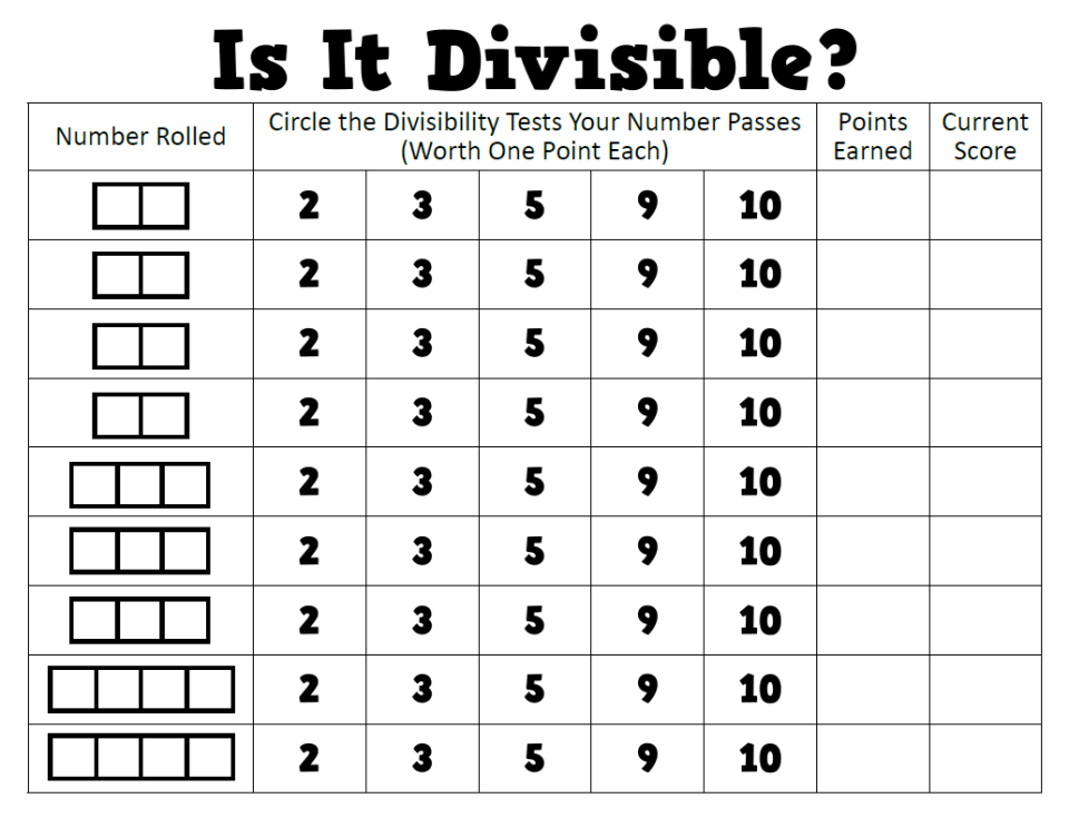 Divisibility Rules Dice Game | Math = Love