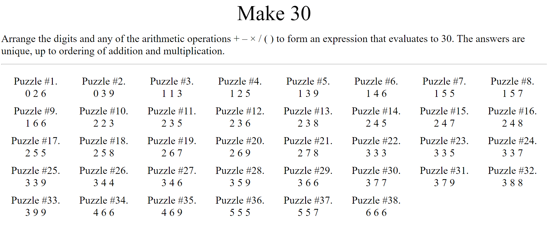 Make 30 Puzzles | Math = Love