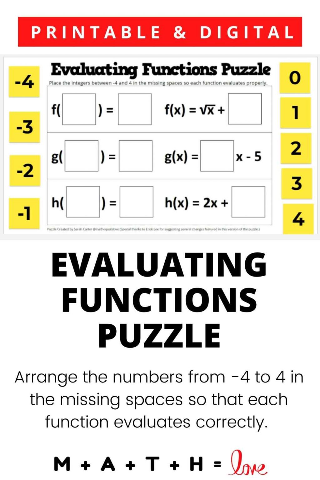 Evaluating Functions Puzzle Activity | Math = Love