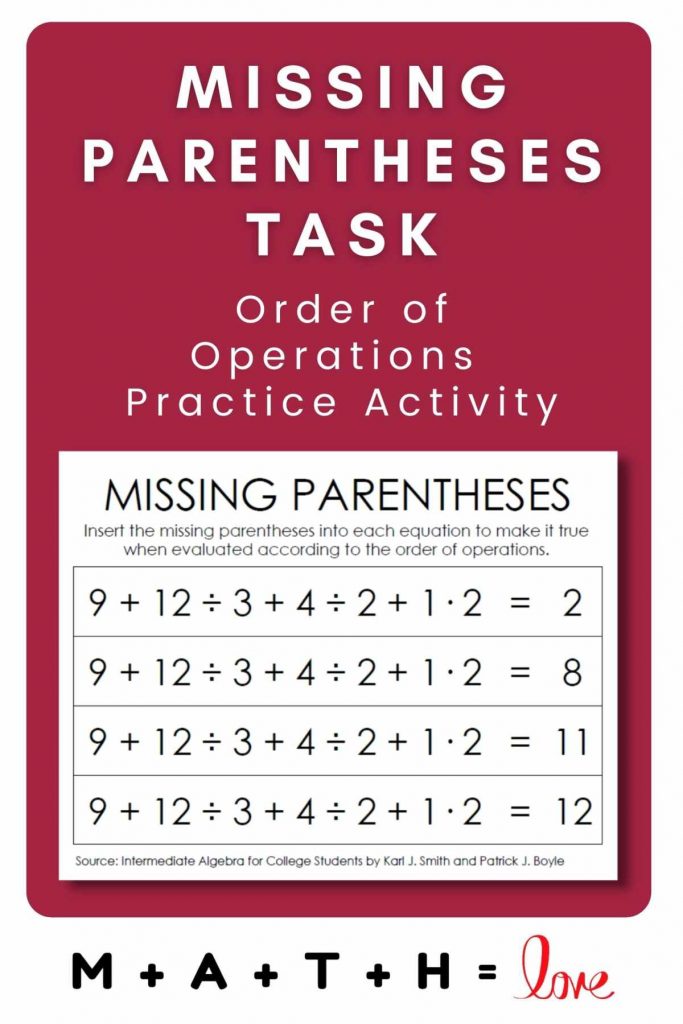 Missing Parentheses - An Order of Operations Activity | Math = Love