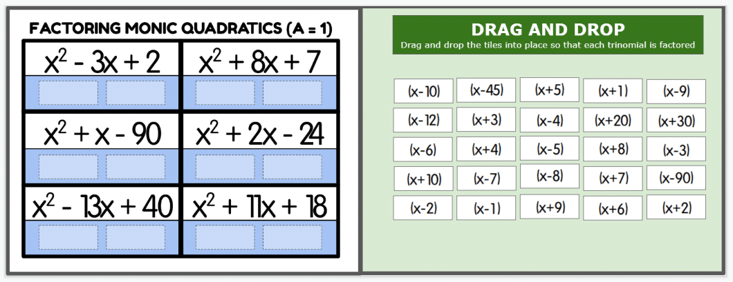 Factoring Quadratics Practice Activity (When a = 1) | Math = Love