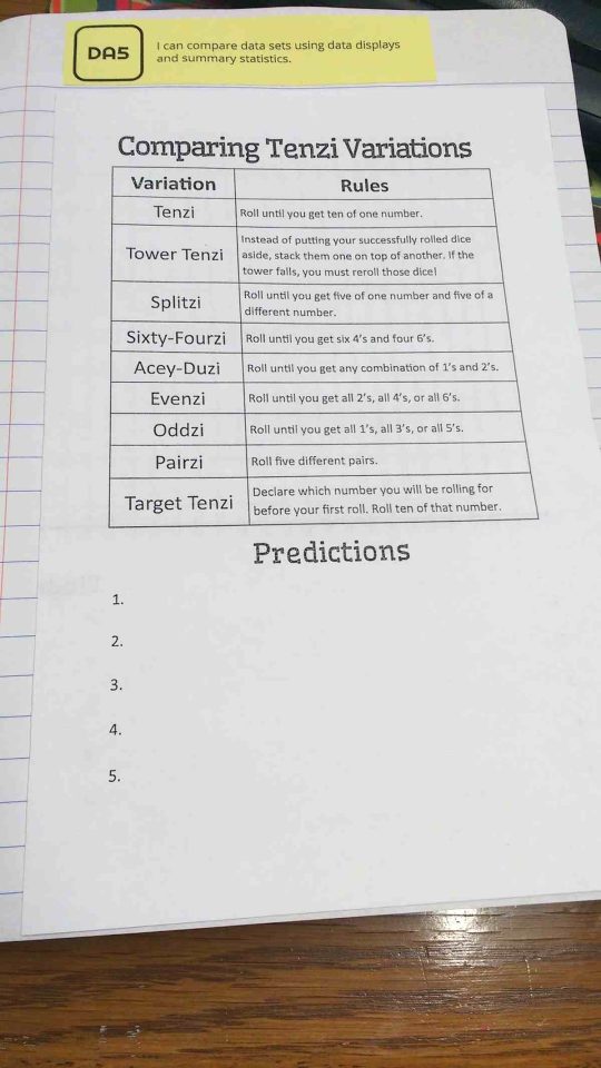Tenzi Data Collection Activity for Comparing Data Sets | Math = Love