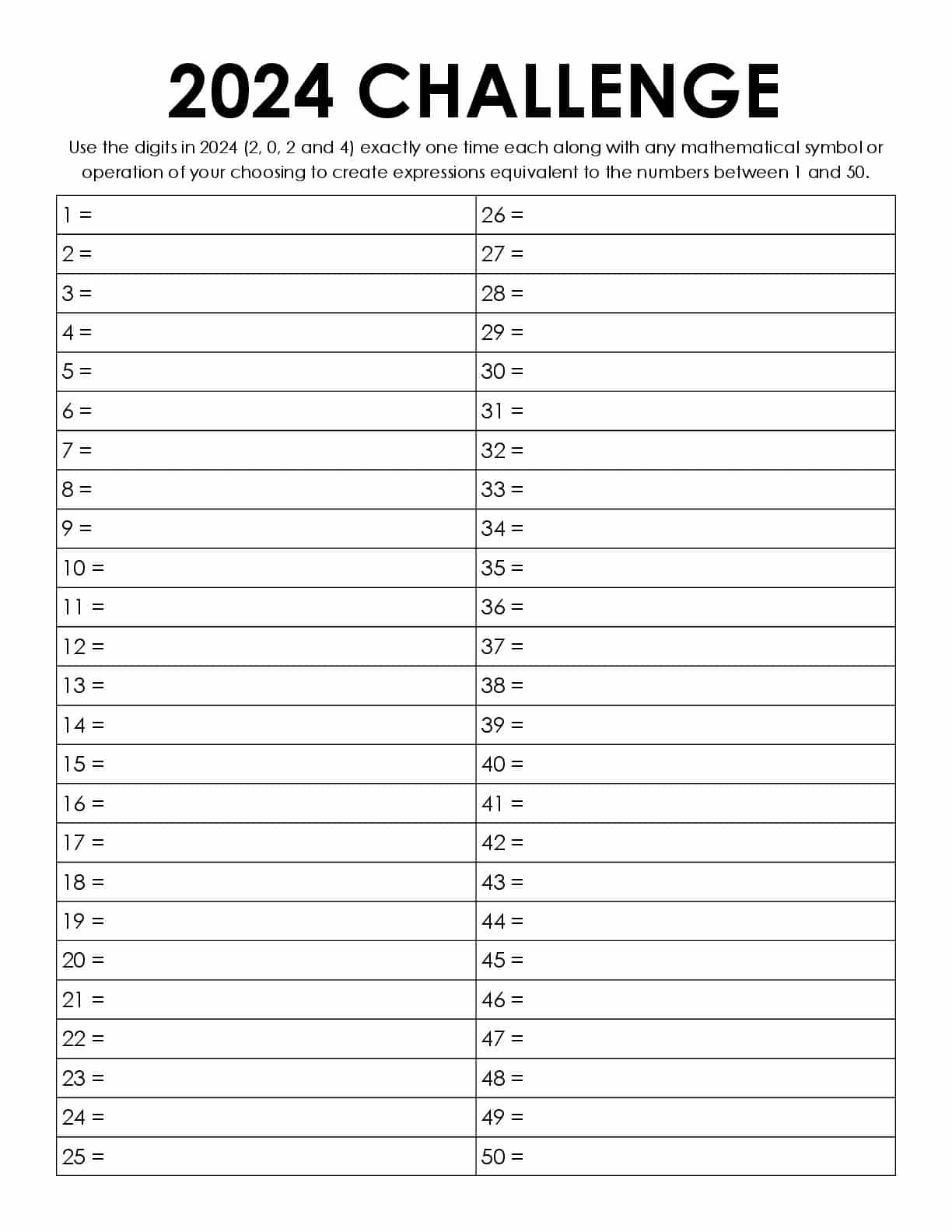 2024 Challenge: Yearly Number Challenge | Math = Love