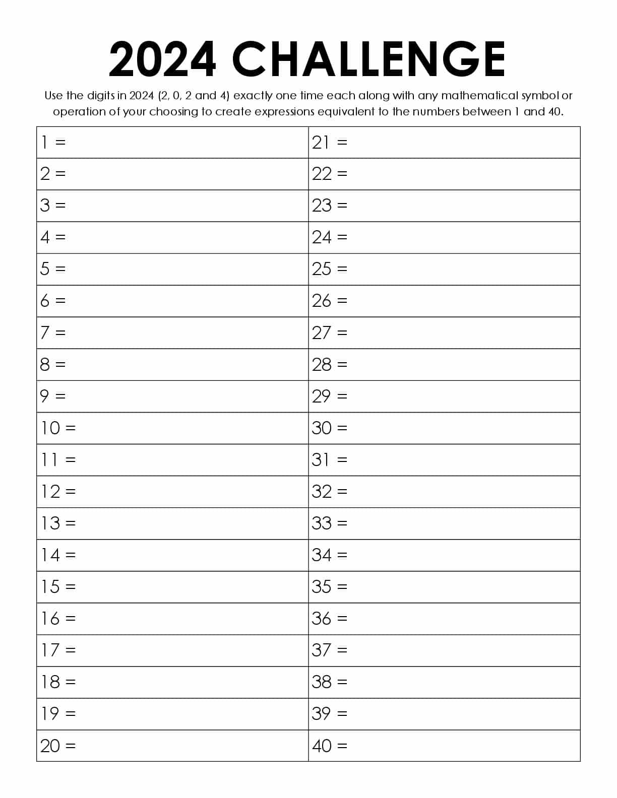 2024 Challenge: Yearly Number Challenge | Math = Love