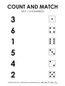 Count and Match Worksheets 1-6 with Dice | Math = Love