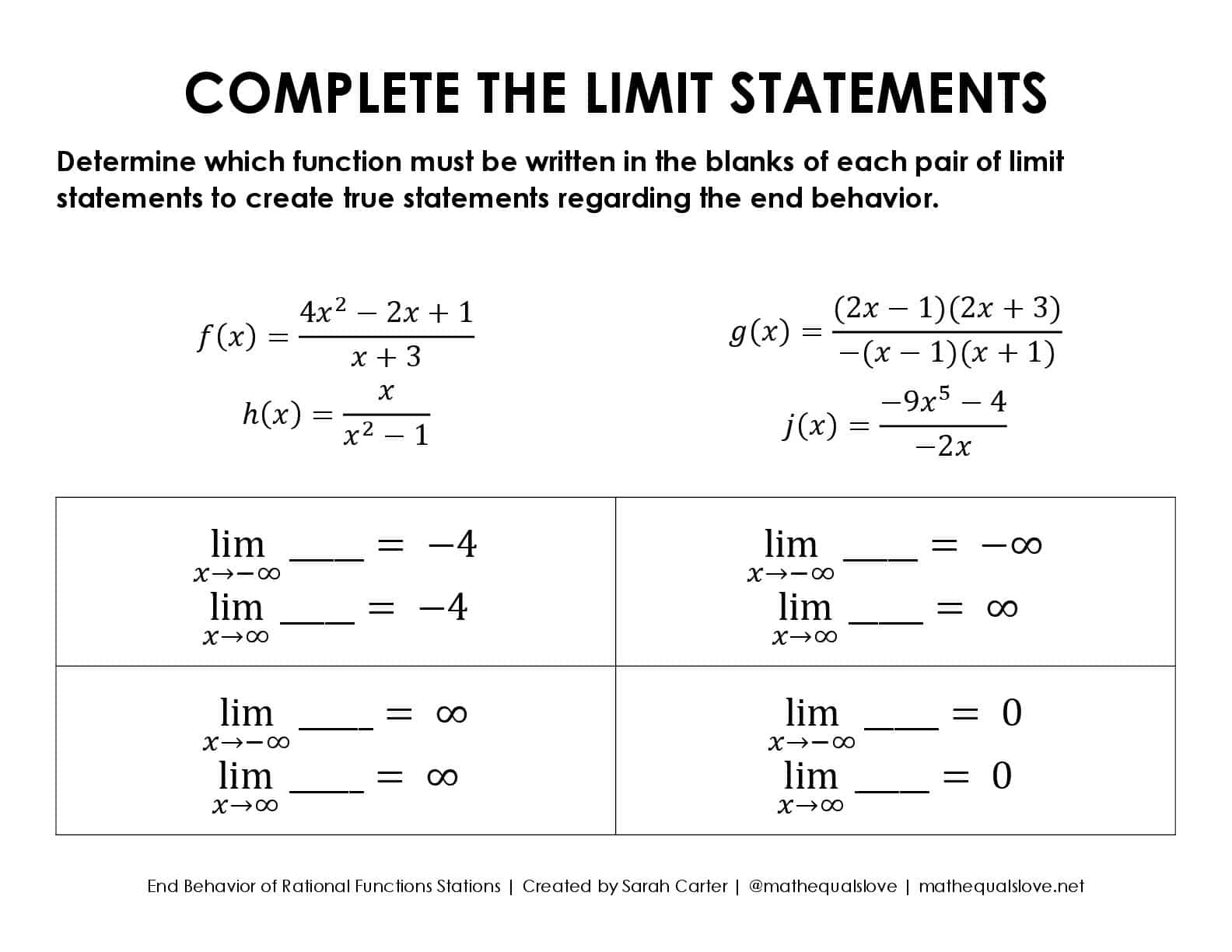 End Behavior Of Rational Functions Stations Activity Math Love