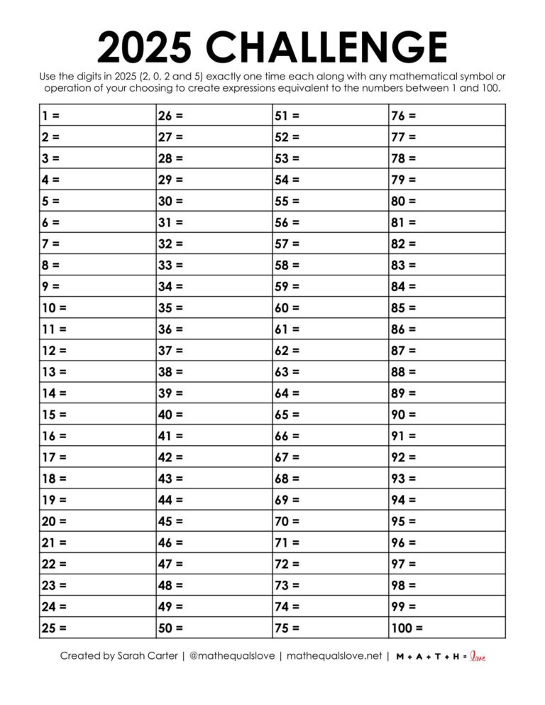 2025 Number Challenge [Free Printable PDF]