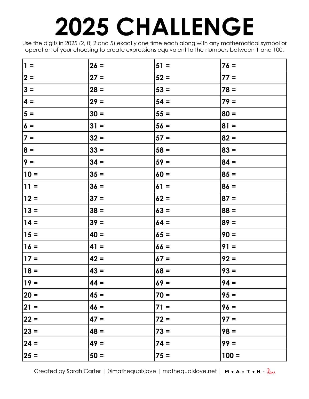 2025 Number Challenge [Free Printable PDF]
