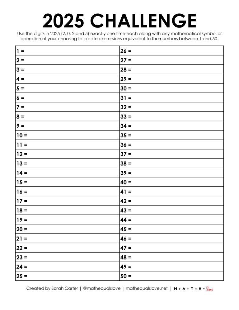 2025 Number Challenge [Free Printable PDF]