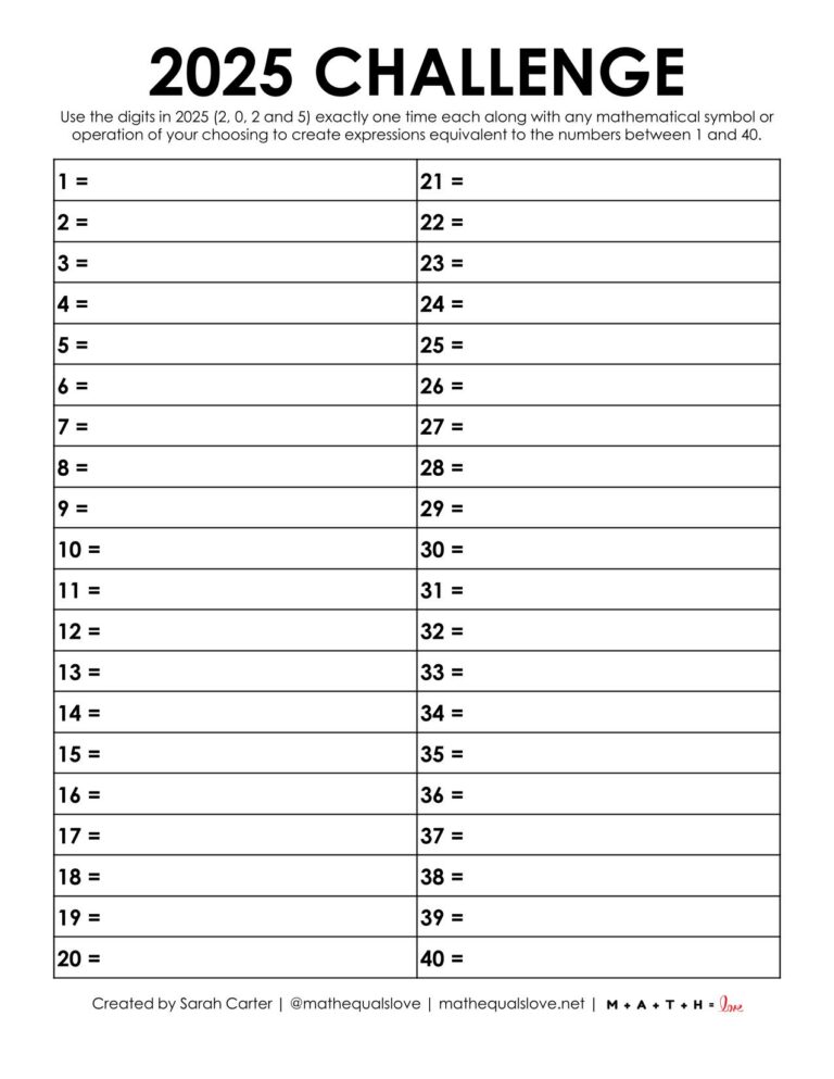 2025 Number Challenge [Free Printable PDF]