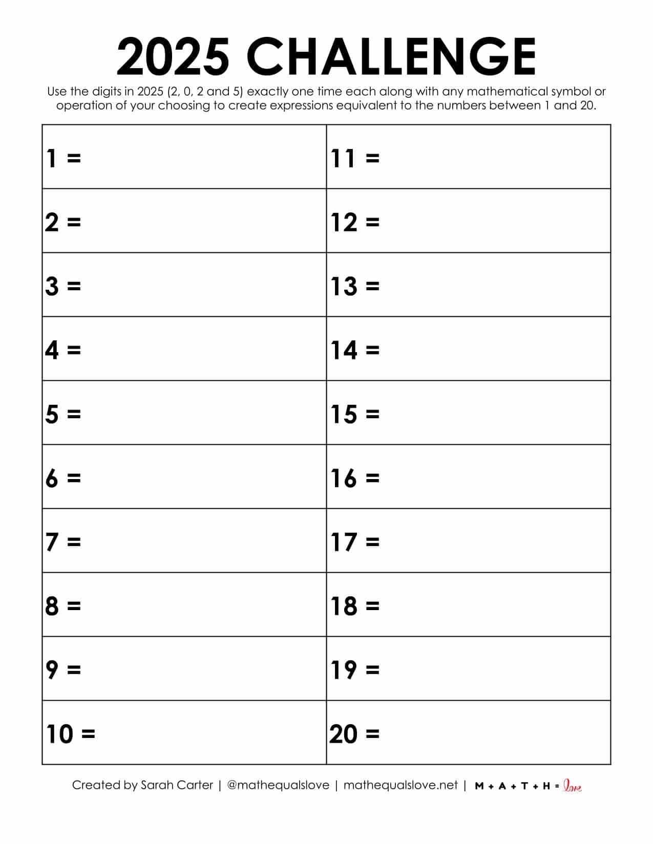 2025 Number Challenge [Free Printable PDF]