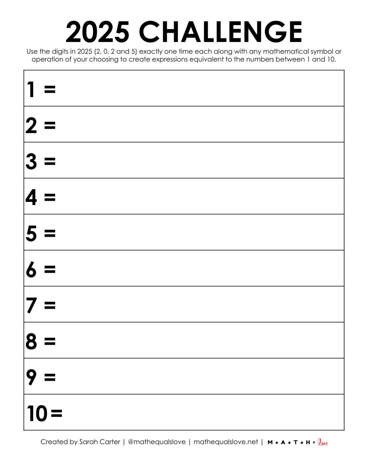 2025 Number Challenge [Free Printable PDF]