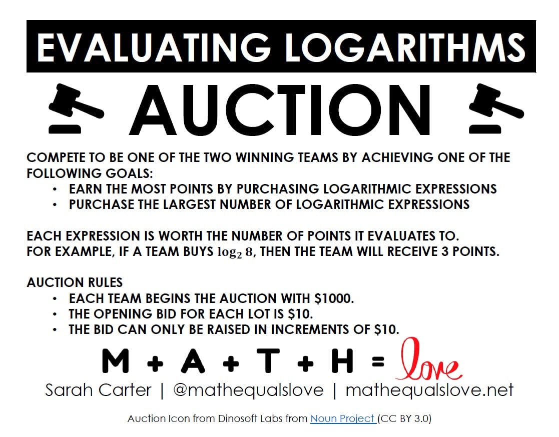 Evaluating Logarithms Auction Activity | Math = Love Evaluating Logarithms Auction Activity | Math = Love
