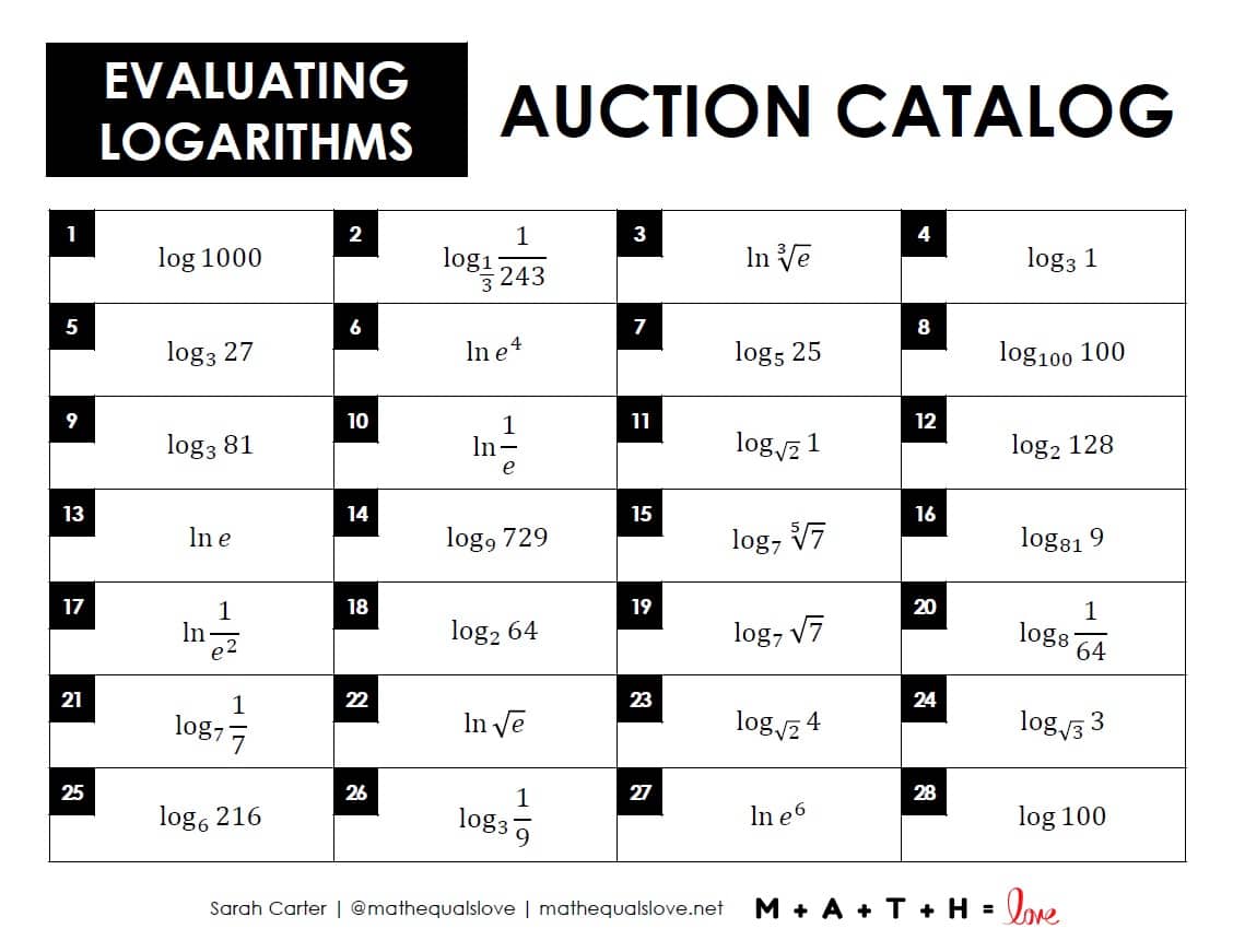 Evaluating Logarithms Auction Activity | Math = Love Evaluating Logarithms Auction Activity | Math = Love