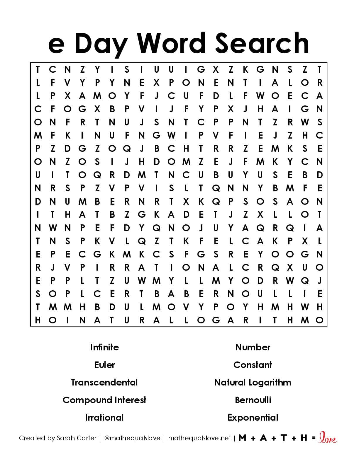e Day Word Search | Math = Love