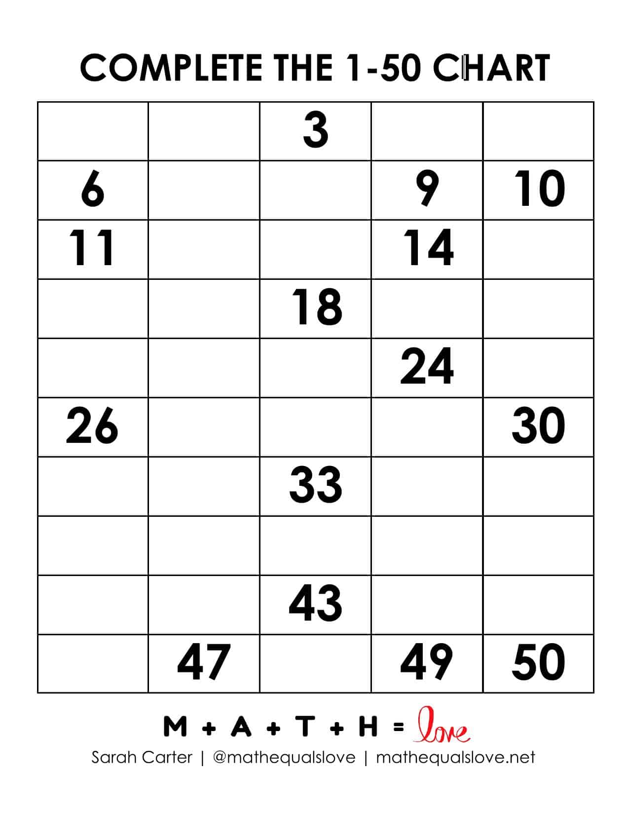 Printable Number Chart 1-50 (Free PDF Templates)