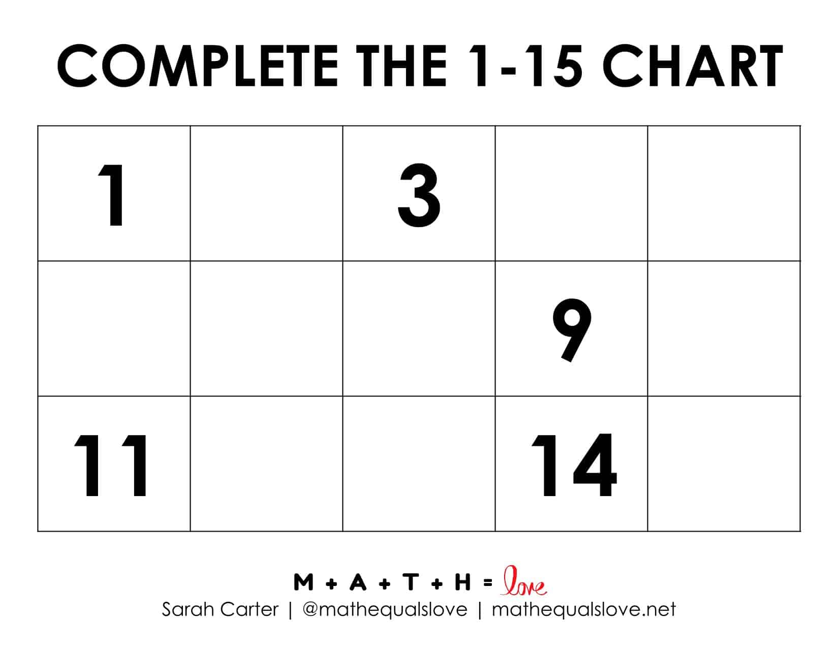 Number Chart 1-15 (with Free Missing Numbers Worksheets)