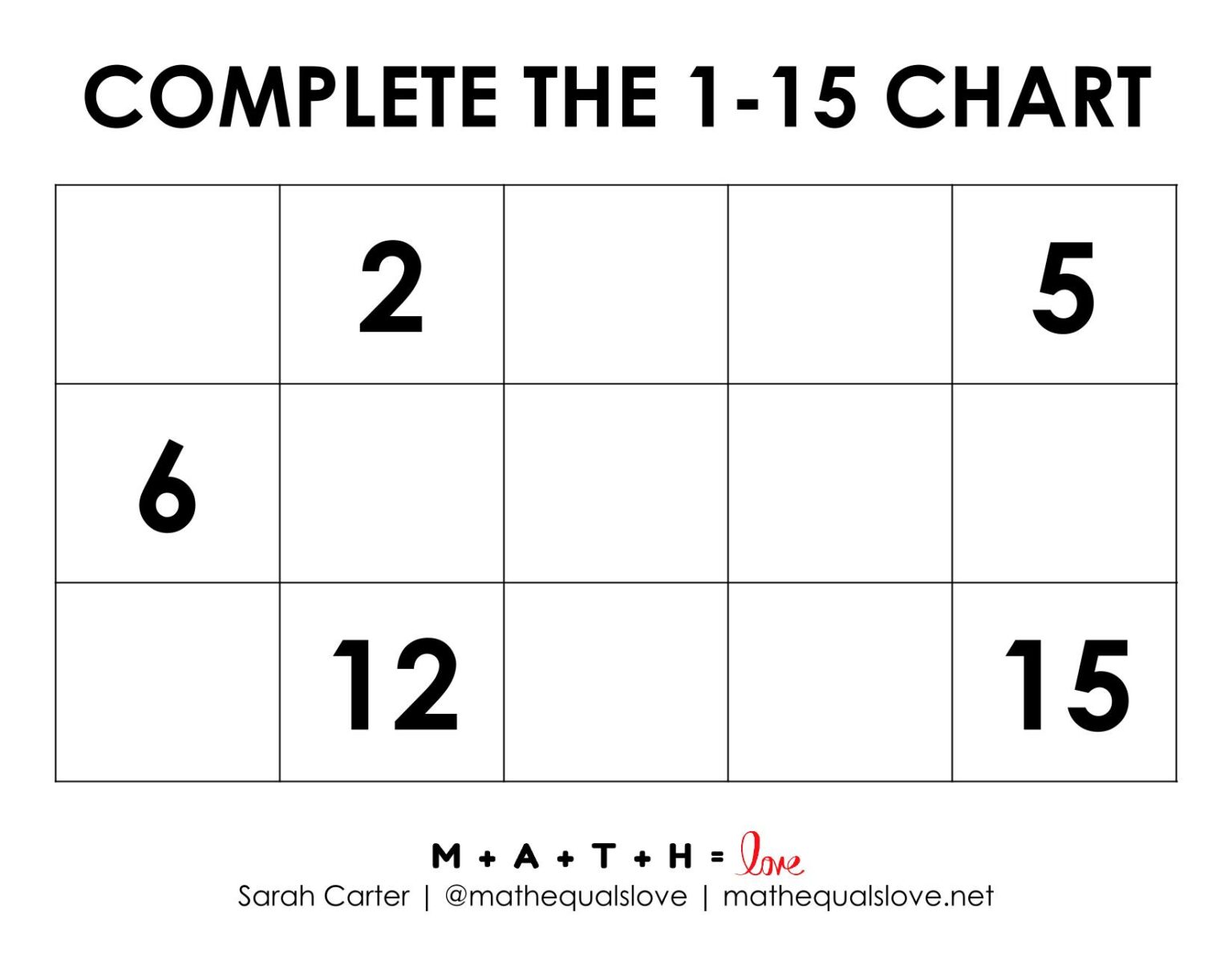 Number Chart 1-15 (with Free Missing Numbers Worksheets)