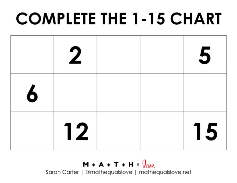 Number Chart 1-15 (with Free Missing Numbers Worksheets)