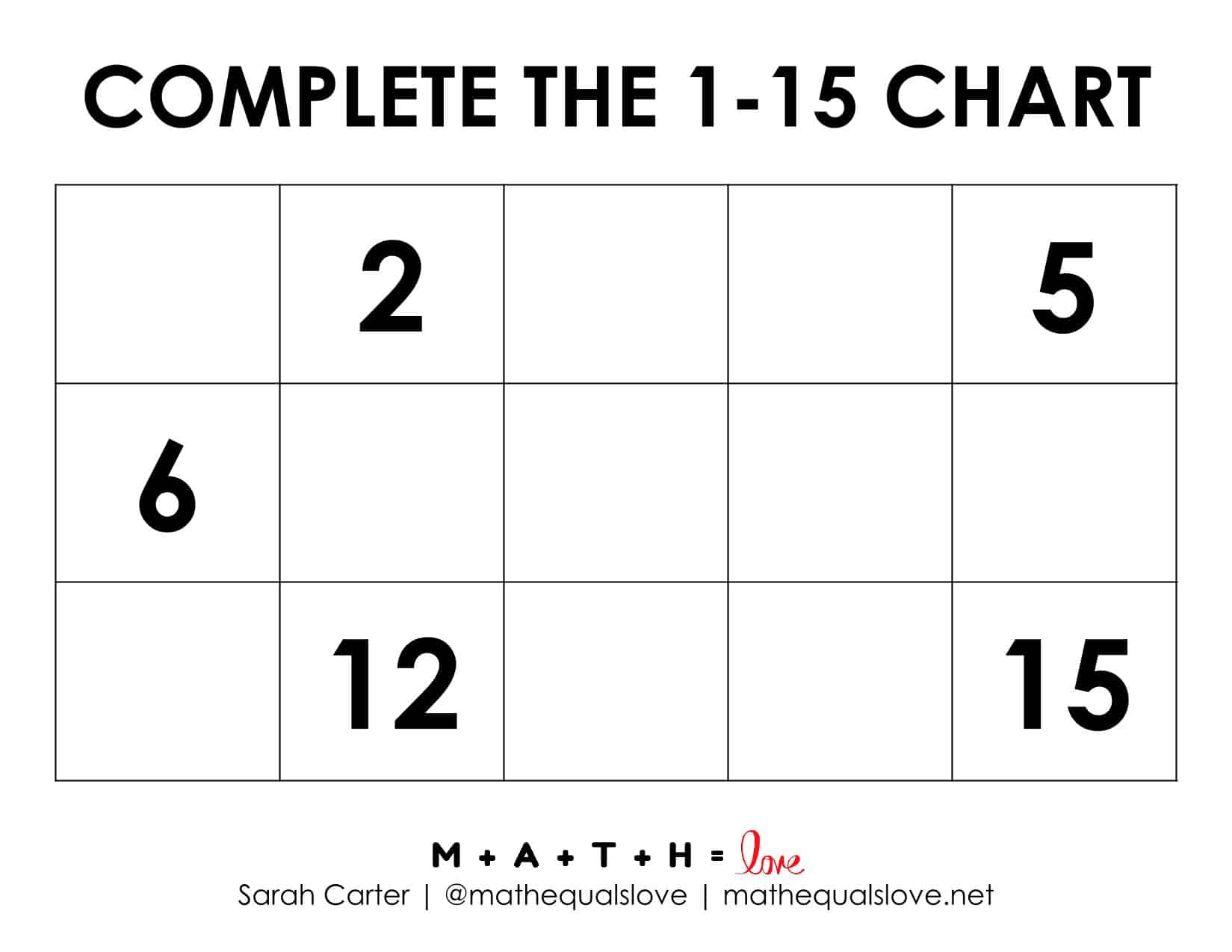 Number Chart 1-15 (with Free Missing Numbers Worksheets)