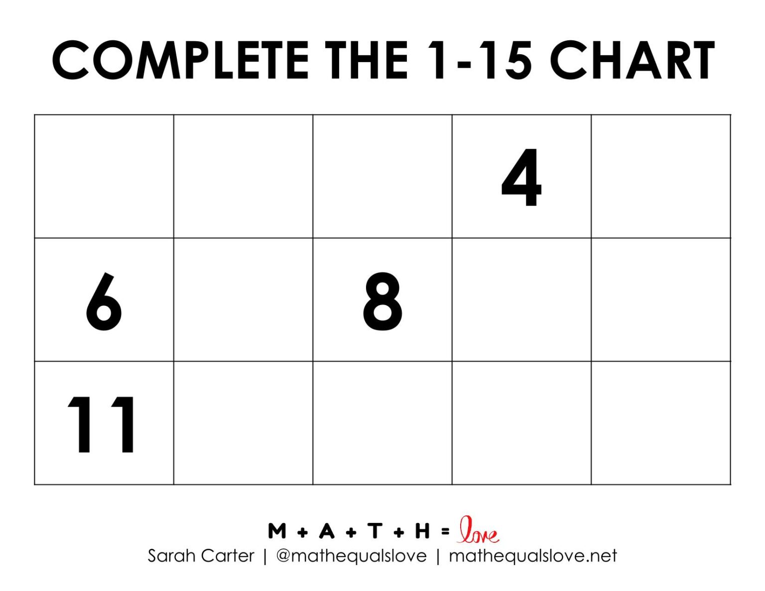 Number Chart 1-15 (with Free Missing Numbers Worksheets)