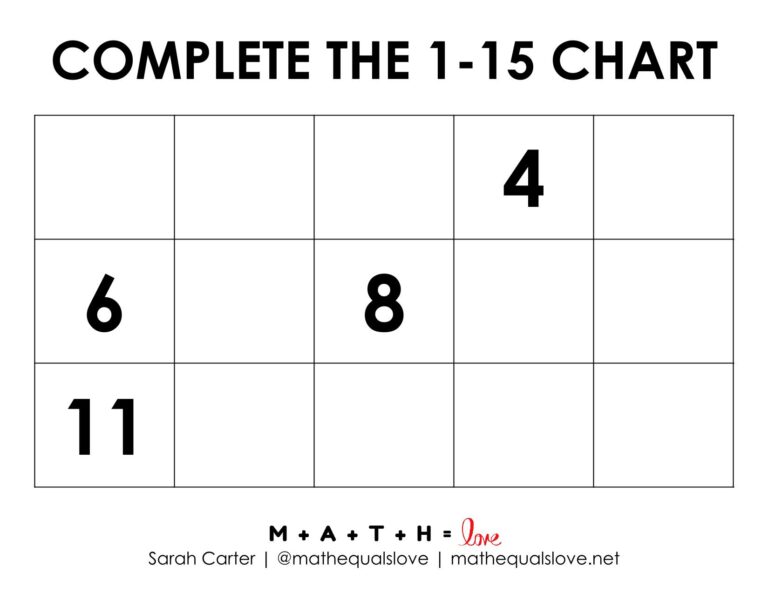 Number Chart 1-15 (with Free Missing Numbers Worksheets)