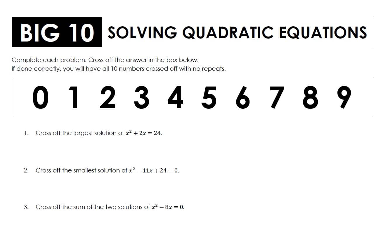 Big 10 Solving Quadratic Equations by Factoring Worksheet | Math = Love