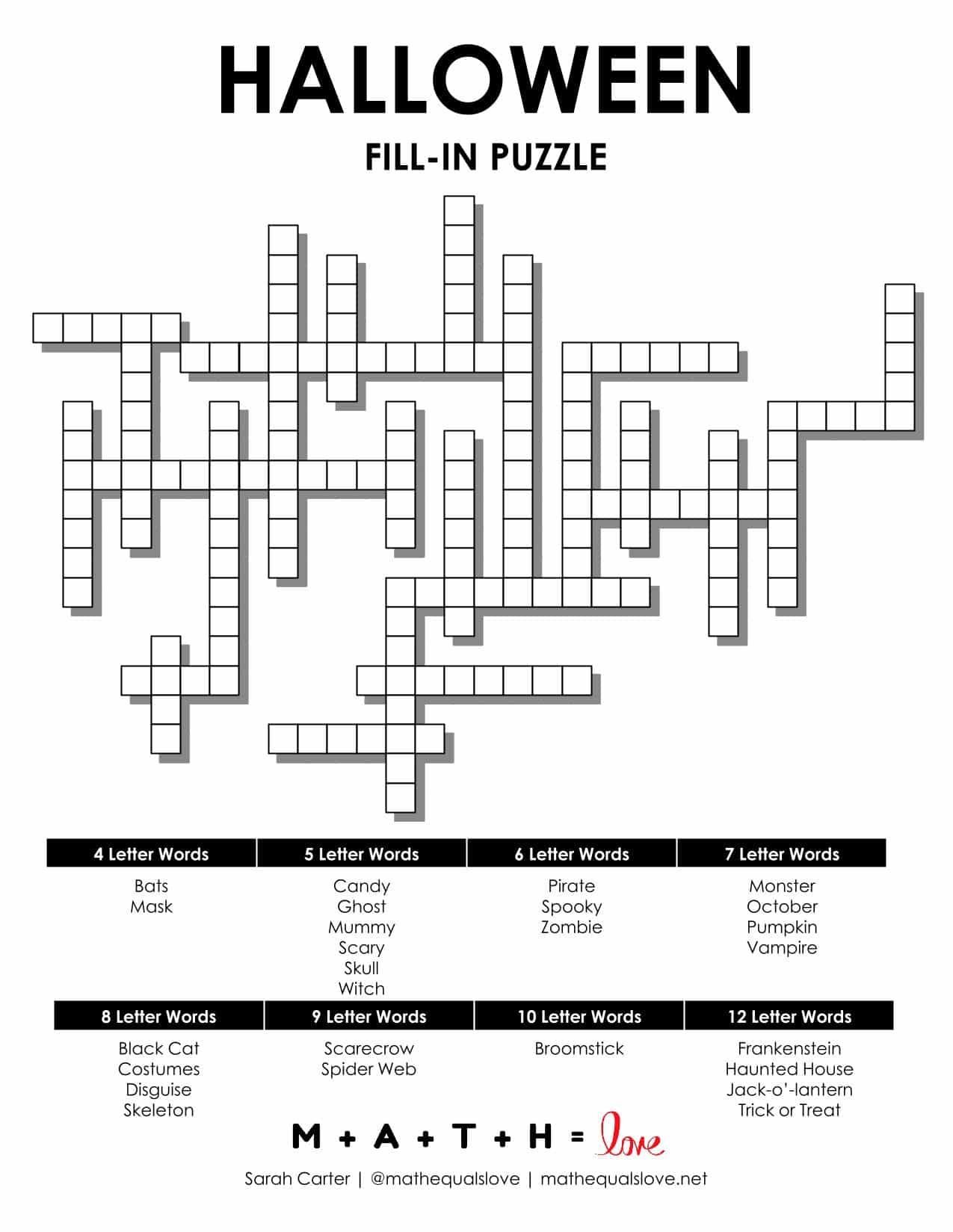 Halloween Fill-In Word Puzzle | Math = Love