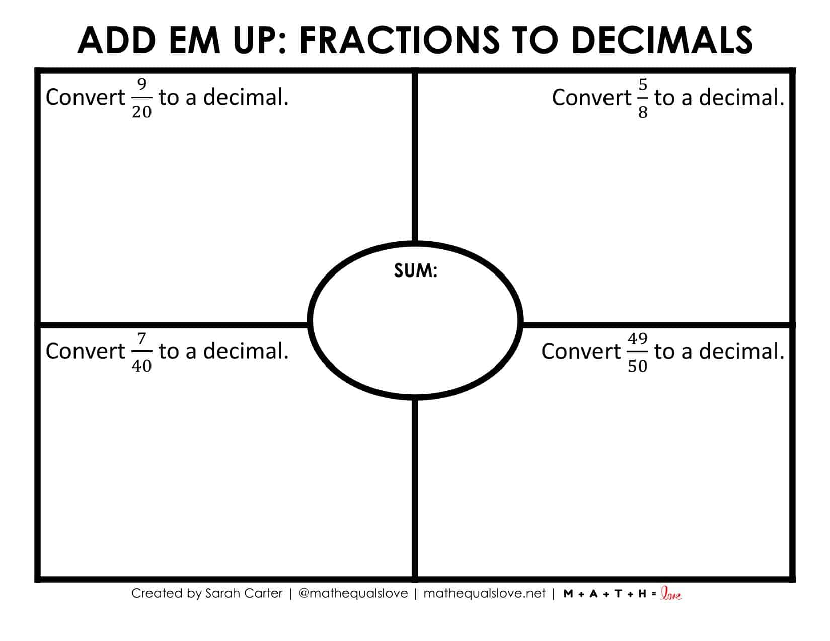 Add Em Up Fractions to Decimals Activity | Math = Love