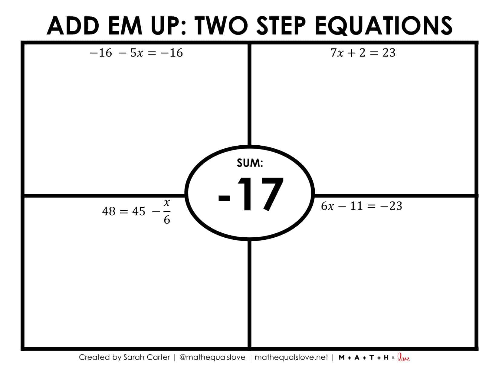 Add Em Up Two Step Equations Activity | Math = Love