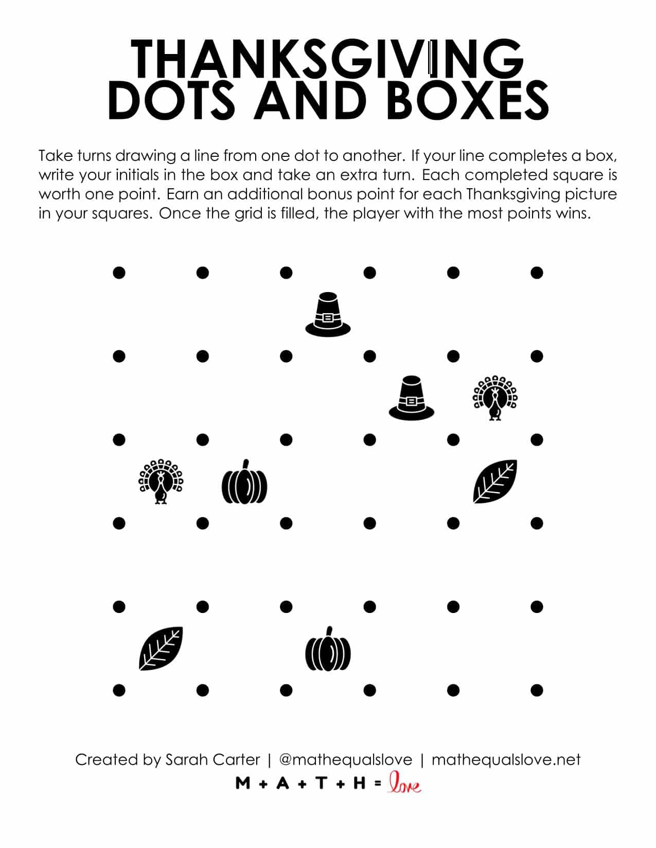Thanksgiving Dots and Boxes Game | Math = Love