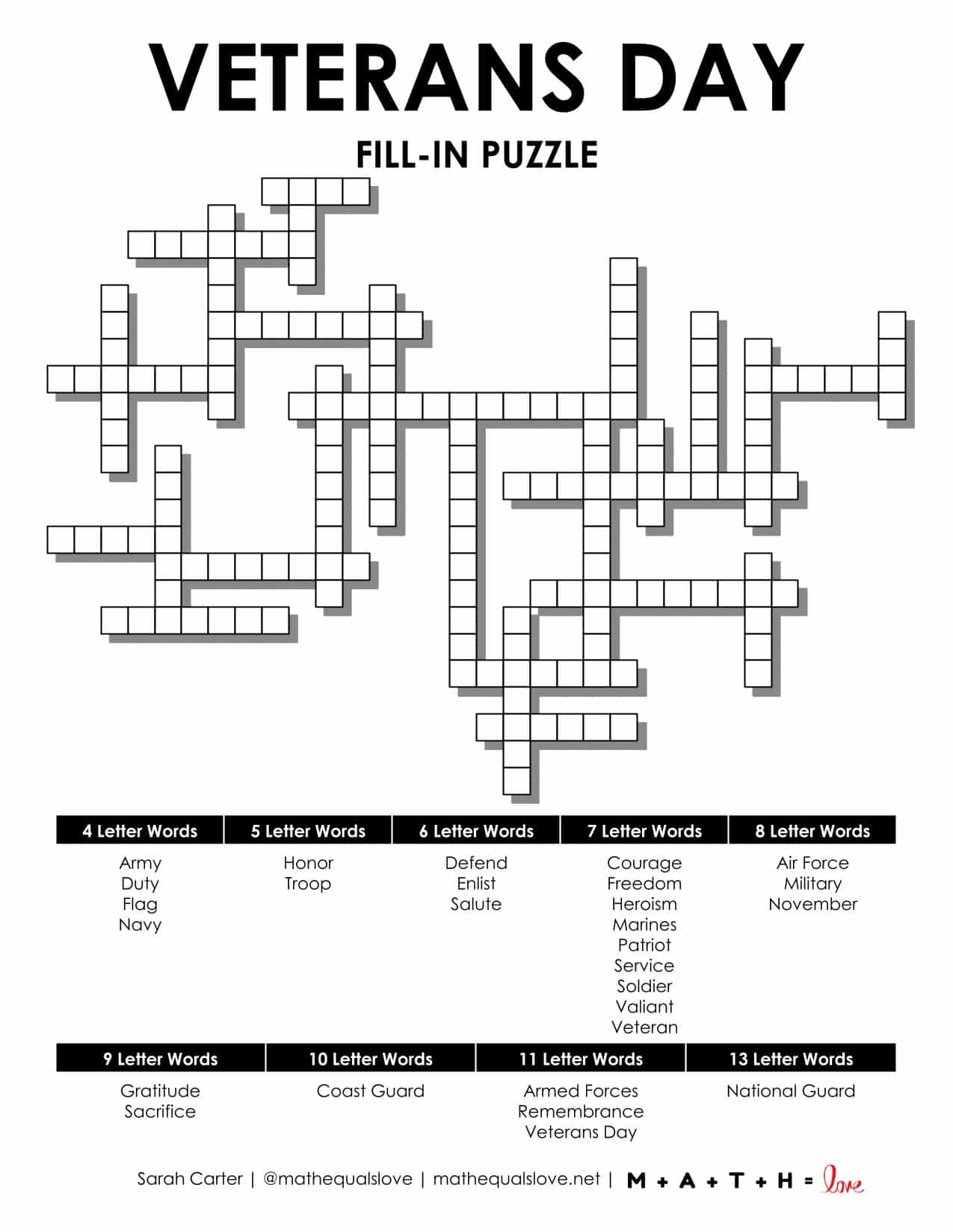 Veterans Day Fill-In Word Puzzle | Math = Love