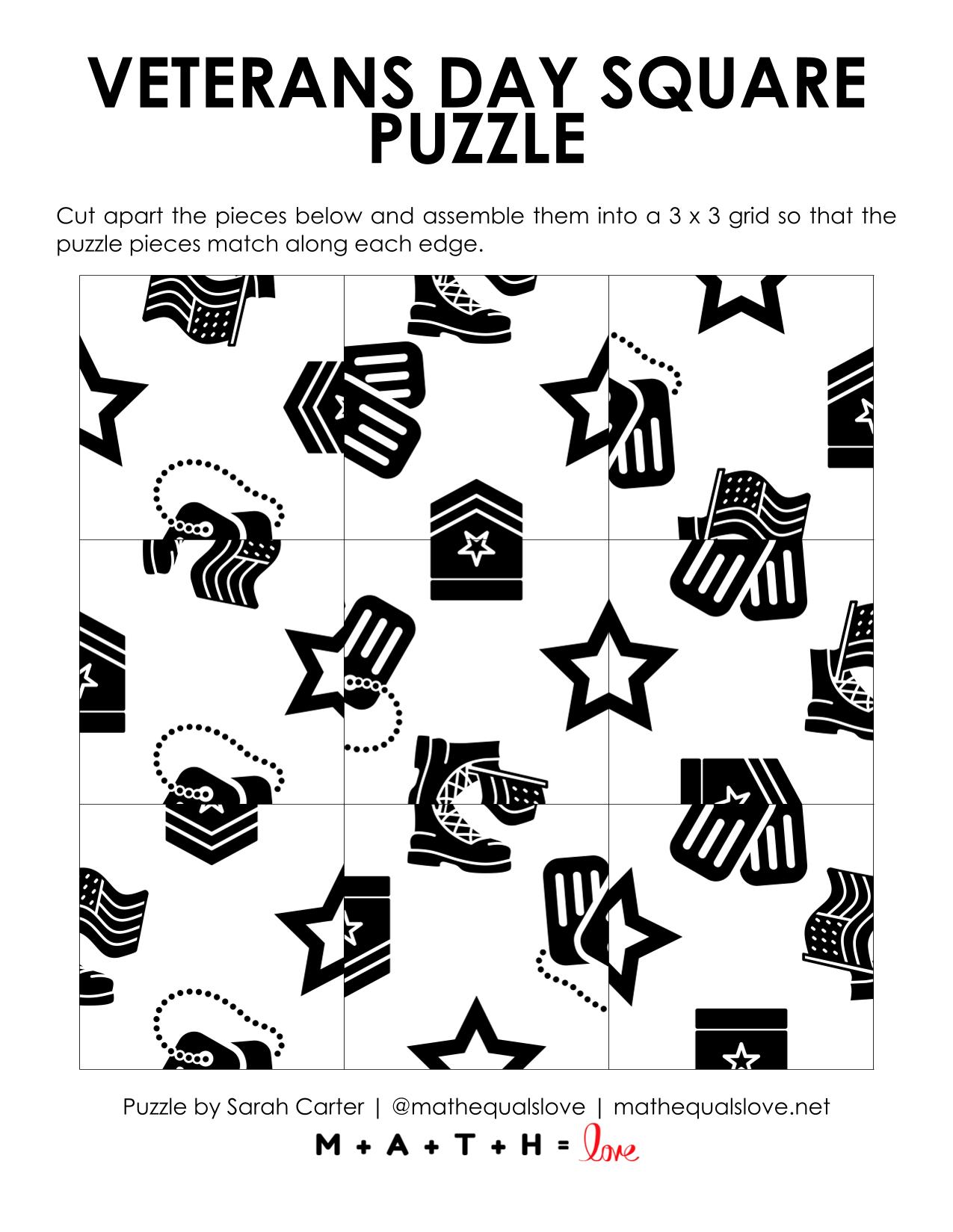 Veterans Day Square Edge Matching Puzzle | Math = Love