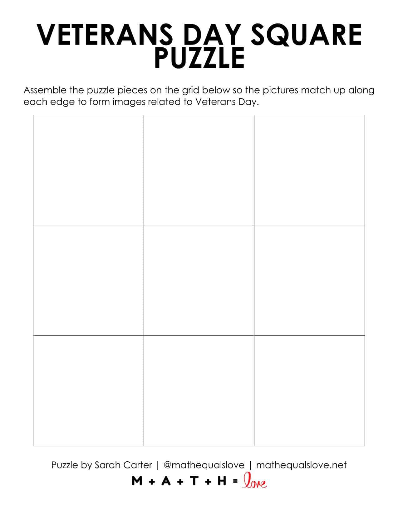 Veterans Day Square Edge Matching Puzzle | Math = Love