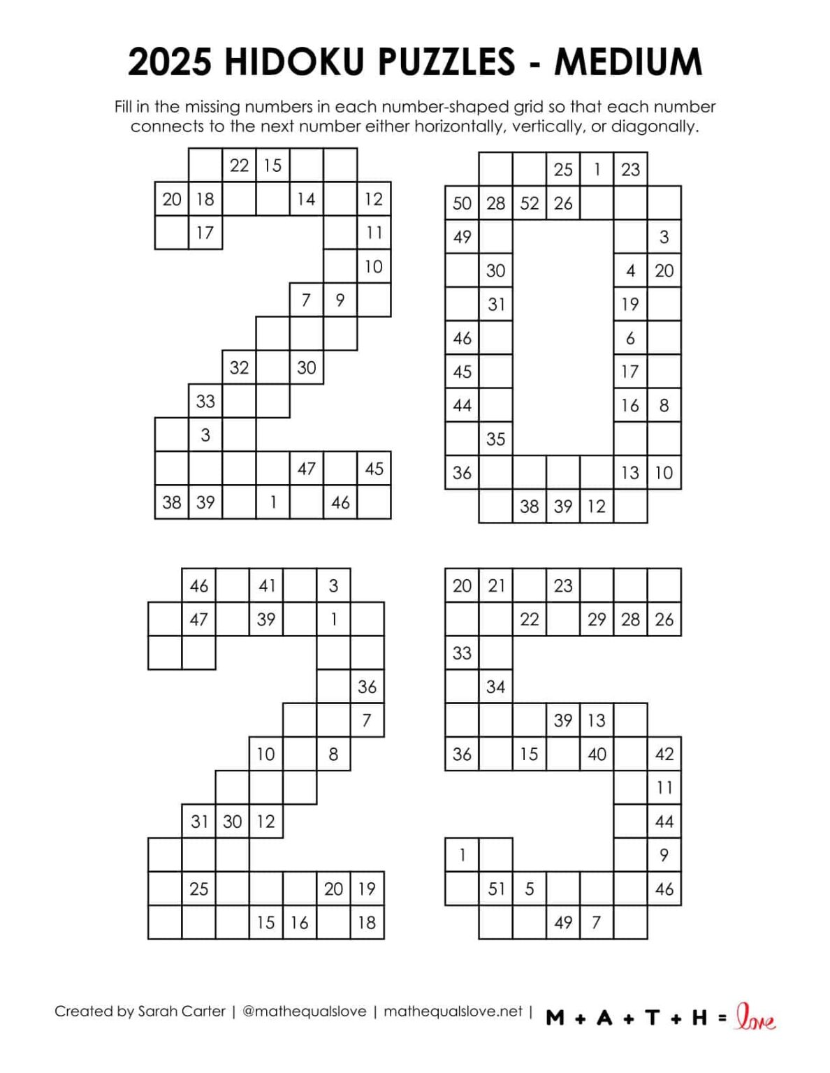 2025 Hidoku Logic Puzzles | Math = Love