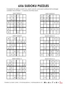 Beginner Sudoku 6x6 Printable Puzzles (PDF)