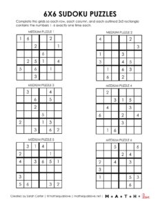 Beginner Sudoku 6x6 Printable Puzzles (PDF)