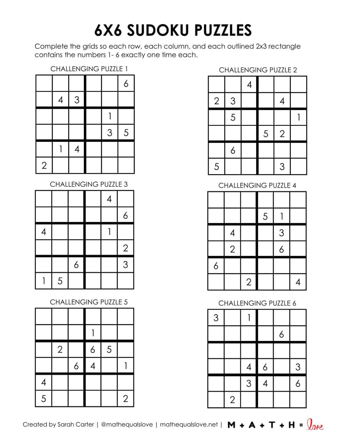Beginner Sudoku 6x6 Printable Puzzles (PDF)