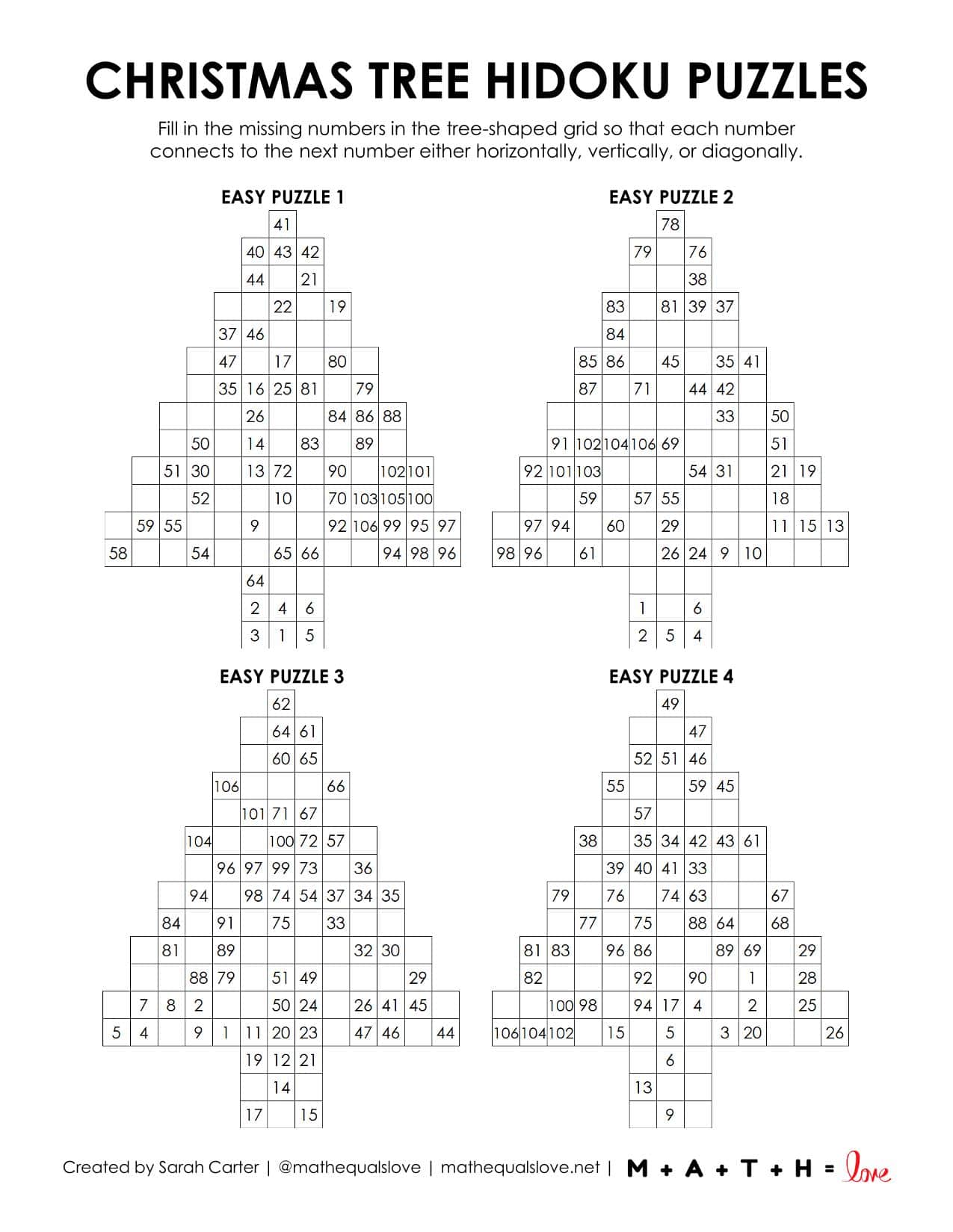 Christmas Tree Hidato Puzzles [Free Printable PDF]