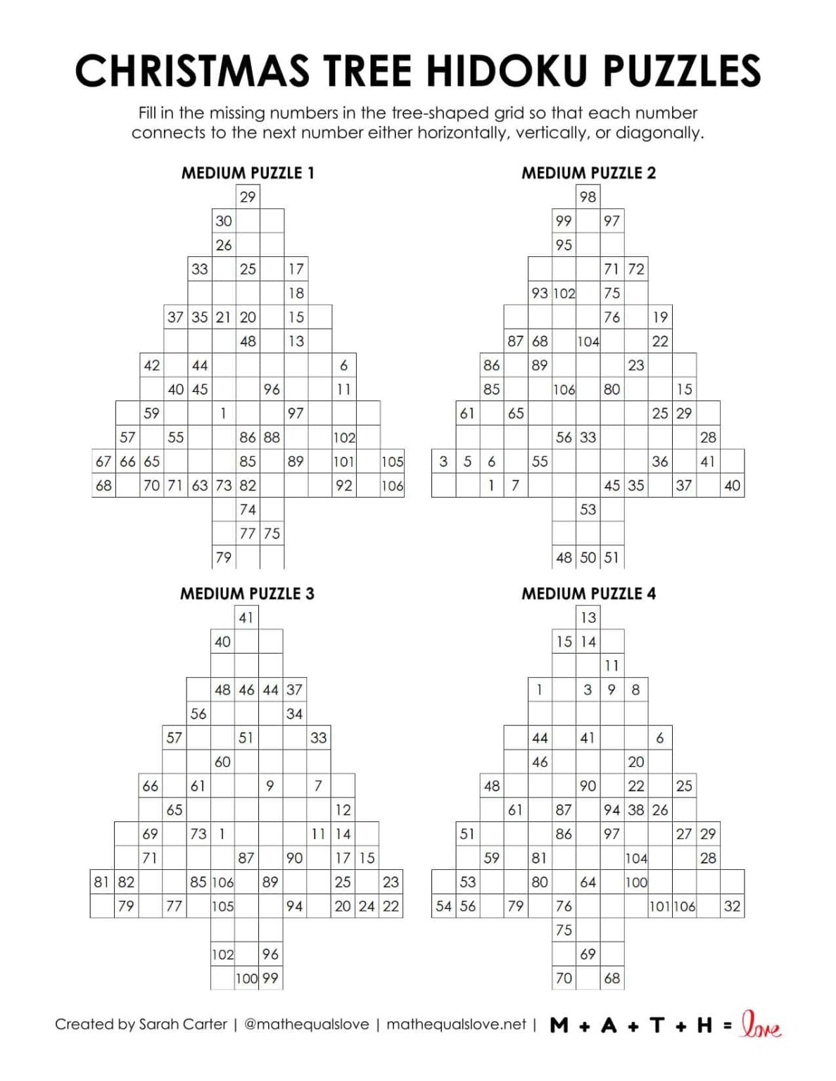 Christmas Tree Hidato Puzzles [Free Printable PDF]