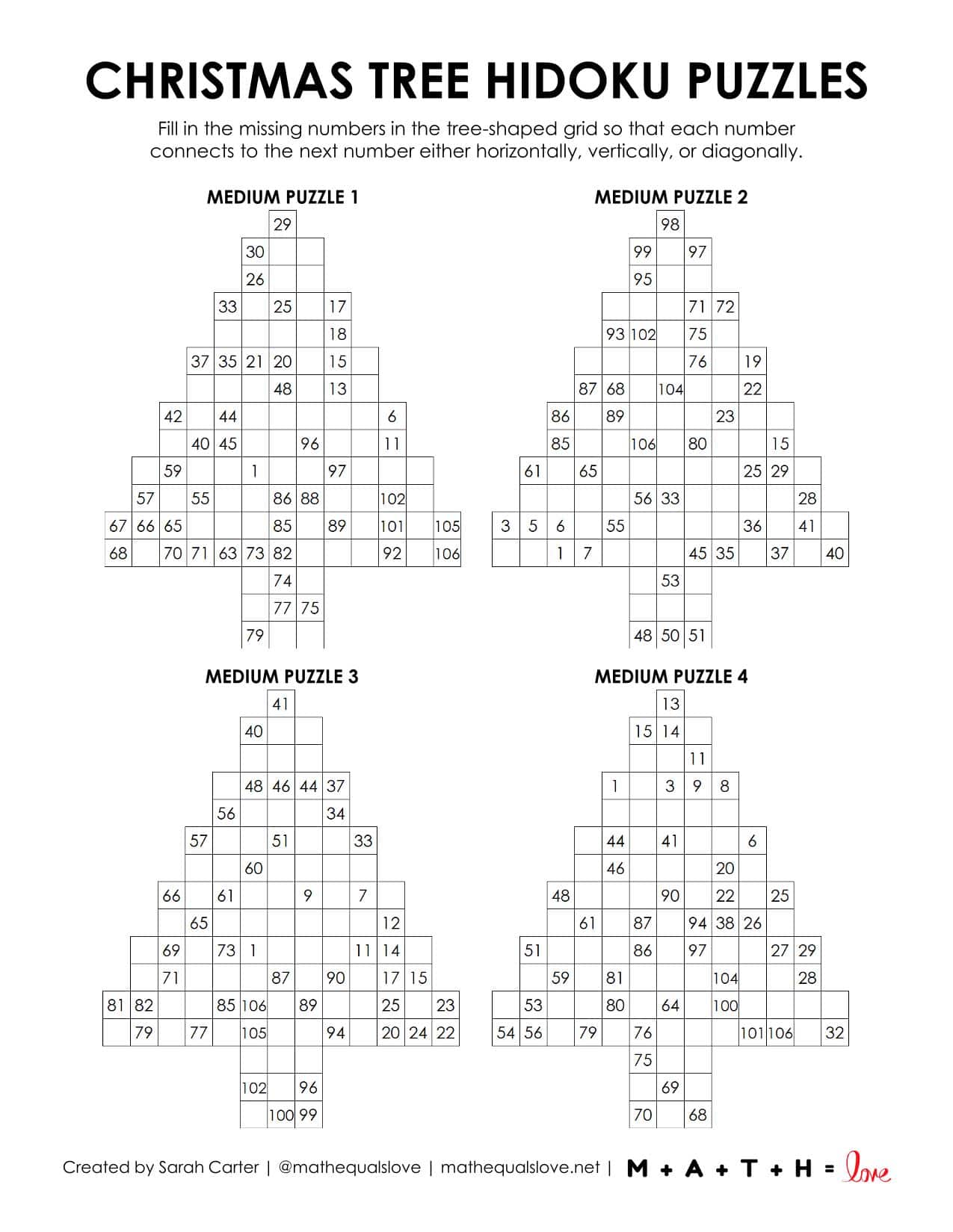Christmas Tree Hidato Puzzles [Free Printable PDF]