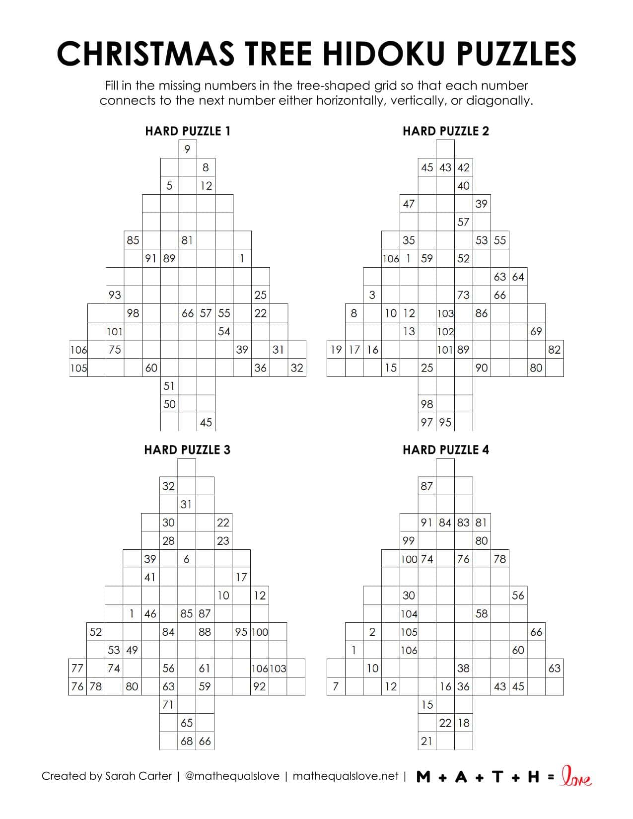 Christmas Tree Hidato Puzzles [Free Printable PDF]