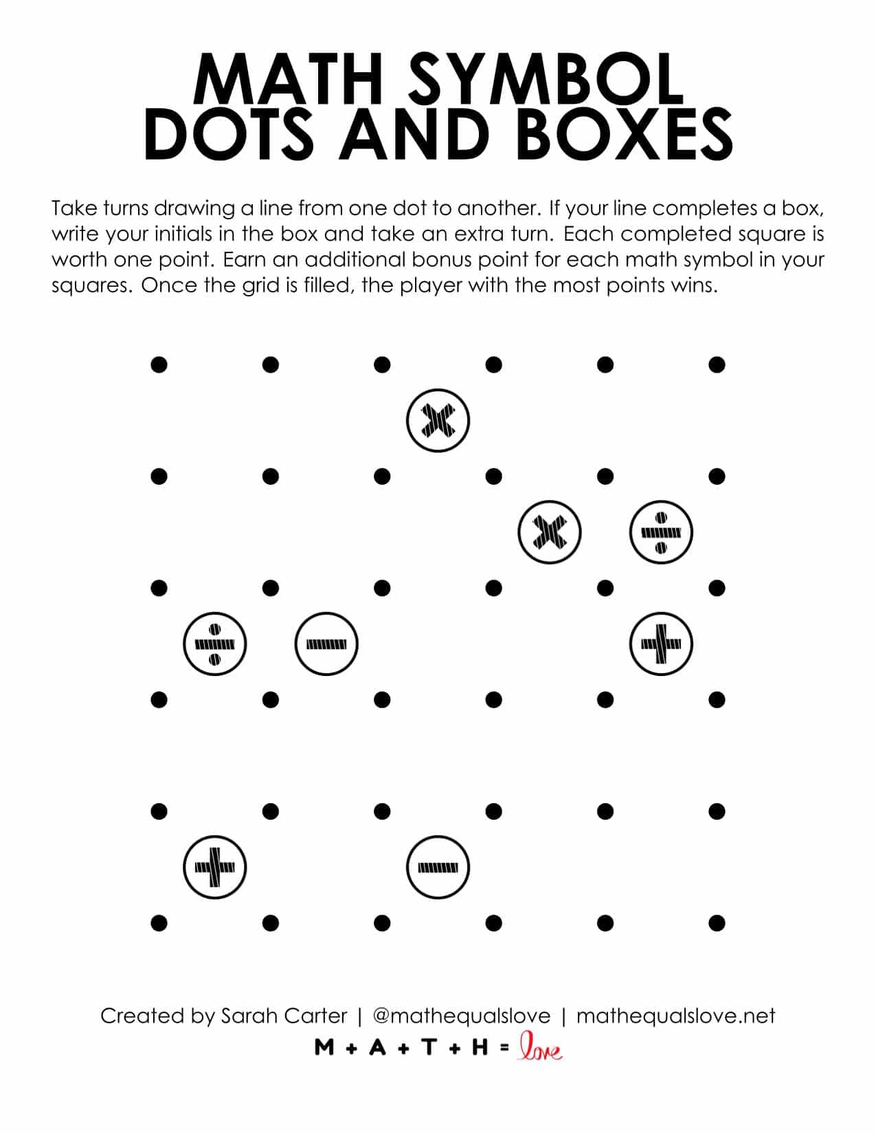 Math Symbol Dots and Boxes Game | Math = Love