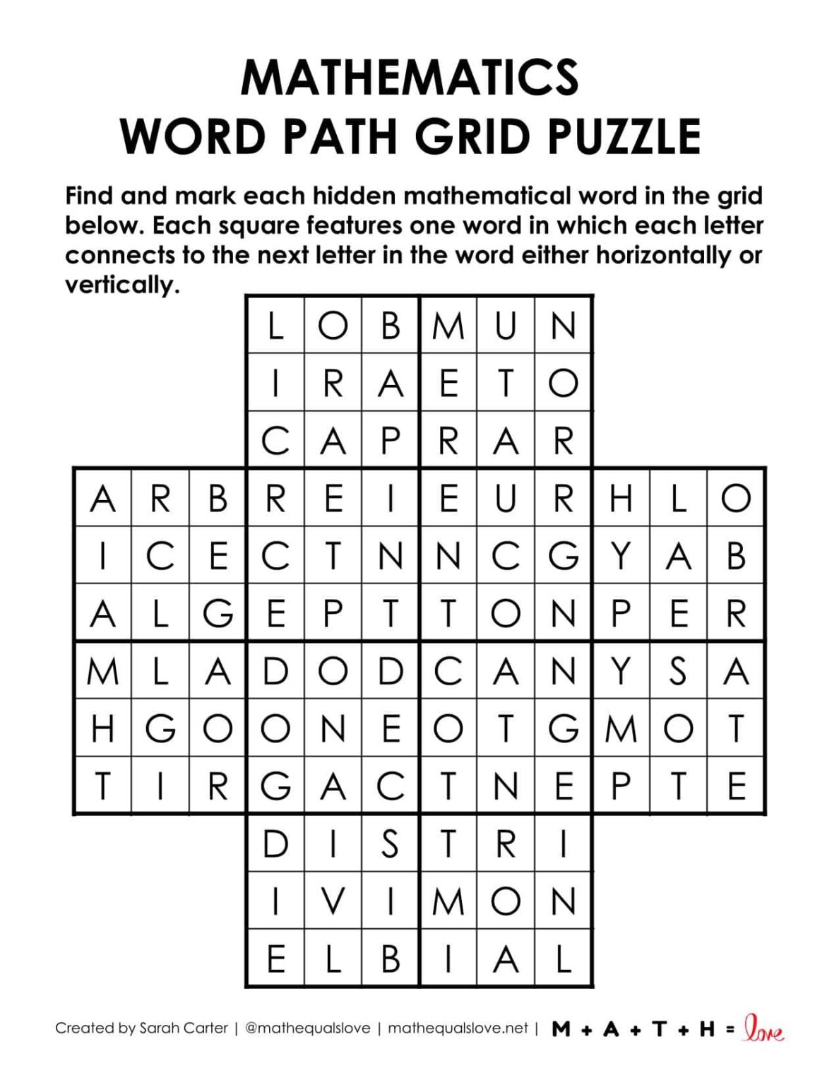 Mathematics Word Path Grid Puzzle | Math = Love