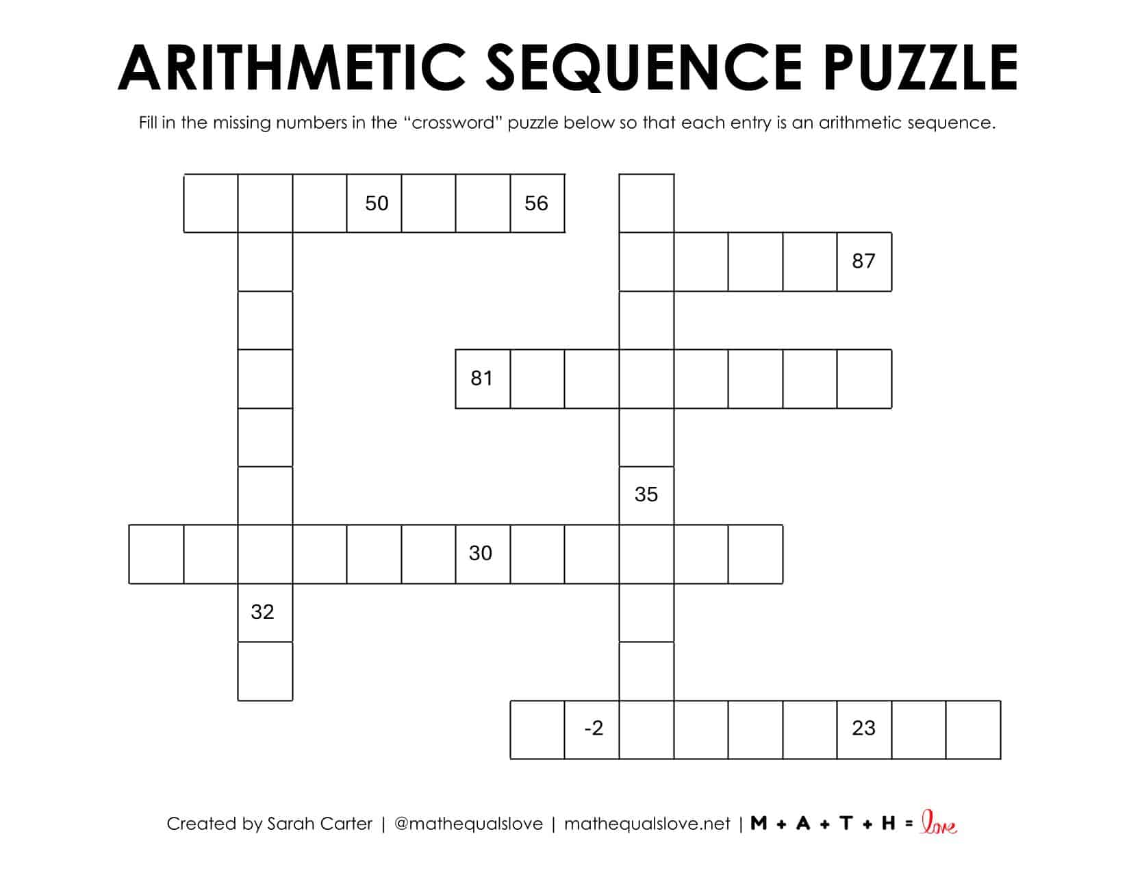 Arithmetic Sequence Puzzle Worksheet (Free Printable PDF)