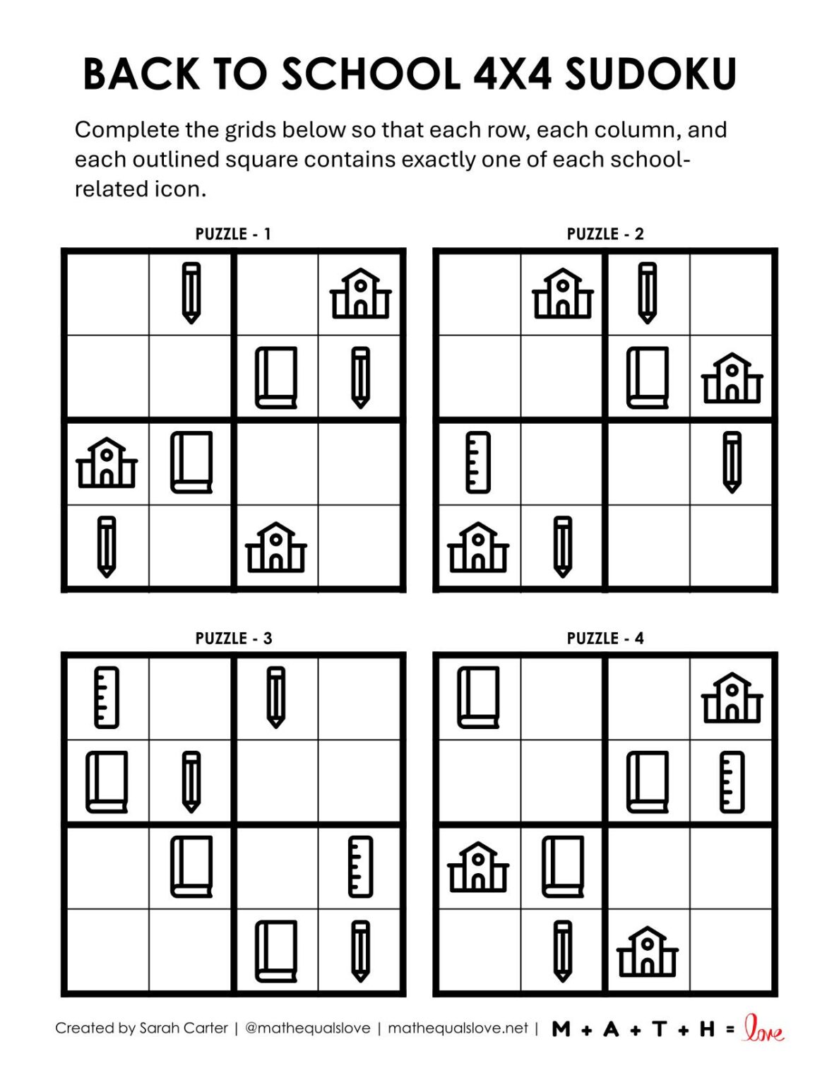 Back to School Sudoku - 4x4 Puzzles with Pictures | Math = Love